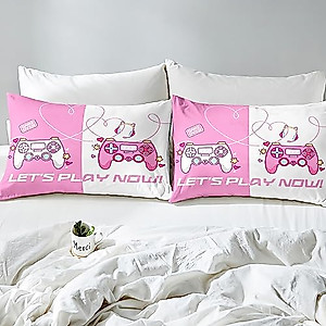 Erosebridal Gaming Bedding Sets for Boys King Size Gamer Duvet Cover for Girls Kids Teens Gaming Room Decor Pink Comforter Cover Video Games Bedding Collections Soft Reversible Bedspread Cover 3 Pcs