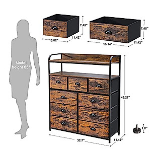 Enhomee Dresser for Bedroom, Chest of Drawers for Bedroom,Tall Dresser with 9 Drawer Dresser,Fabric Dresser for Closet with Wood Top for Nursery,Living Room,Entryway,2 Shelves,Metal Frame,Rustic Brown