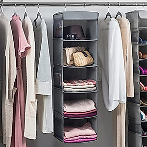 ZOBER Hanging Closet Organizer and Storage Shelves - 5-Shelf Wardrobe Clothes Organizer for Dorm Room, Baby Nursery, Small Closet Storage - 12" x 11.5" x 42", Grey