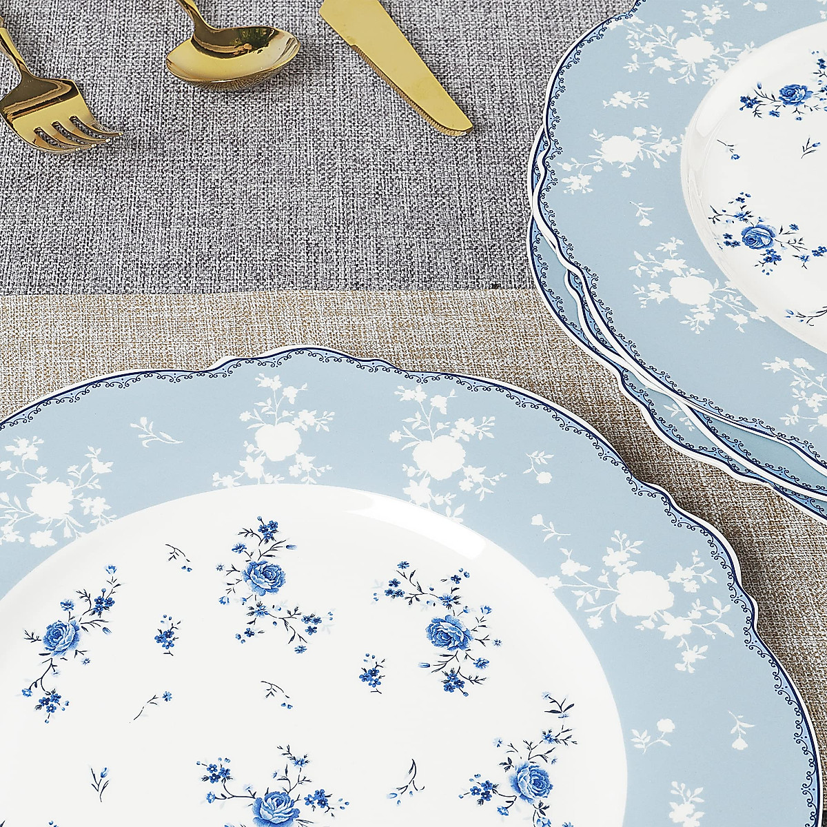 fanquare 10 Inch Porcelain Dinner Plates Set of 4, Lace Dishes Set for Salad, Pasta, Soup, Dessert, Blue Roses