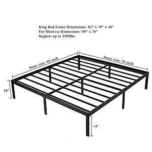 Homdock King Size Bed Frame-16 Inch Metal Platform Mattress Foundation/Sturdy Strong Steel Structure 3500 lbs Heavy Duty/Noise Free/None Slip/No Box Spring Needed/Black Finish