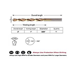 DrillForce 10pcs 5/64" Titanium Drill Bits, High Speed Steel Twist Drill Bits, Jobber Length, Round Shank. Ideal for DIY, Home, General Building and Engineering Using.