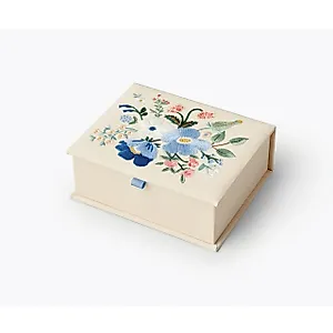 RIFLE PAPER CO. Medium Embroidered Keepsake Box | Sleek And Smooth Design Pattern And Storage Space For Medium-Sized Items And Accessories, Ribbon Tag and Magnetic Closure, Garden Party Blue