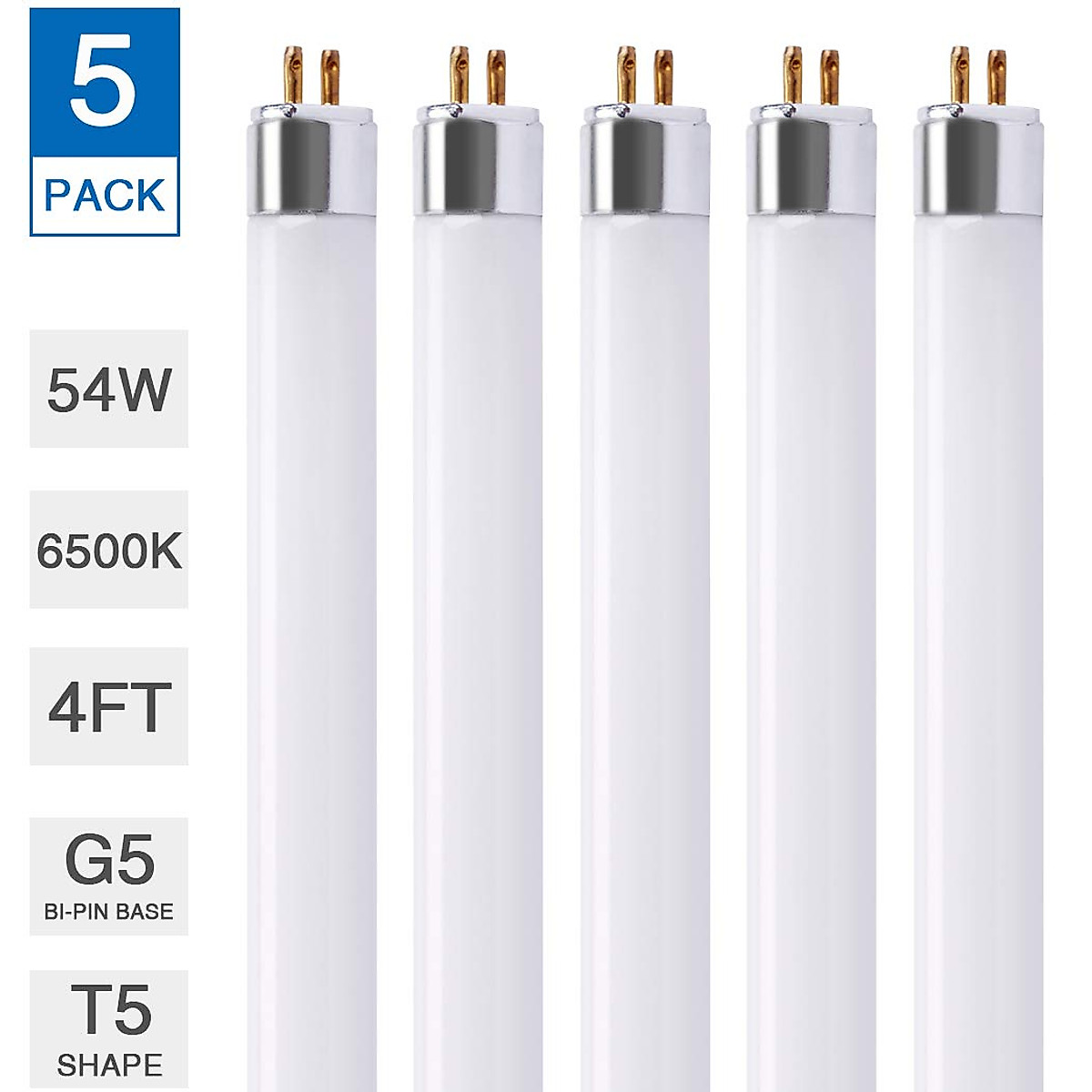 F54T5/865/HO Fluorescent Tube Light Bulb, 46 Inch, 54W, 6500K Daylight, 4200 Lumens, High Output, G5 Bi-Pin Base, 4FT T5 Grow Light Bulbs - 5 Pack