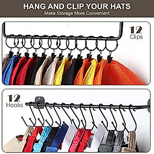 HYDERMUS Hat Rack for Wall with Shelf for 24 Baseball Caps Metal Hat Organizer with 12 Clips and 12 Hook Hat Holder Wall Mounted for Baseball Caps Trucker Hat and Others Hat Weathered Walnut