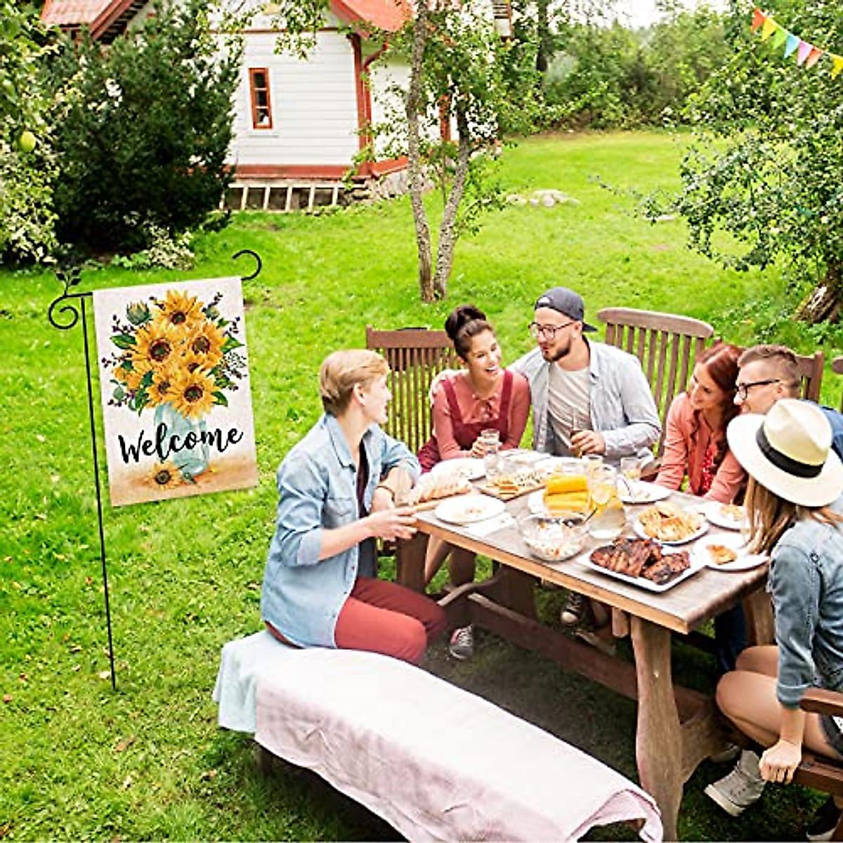 2 Pieces Sunflower Welcome Garden Flag Flower Vase Burlap Vertical Double Sided Sunflower Yard Flag Floral Bee Seasonal Flag for Outdoor Yard Lawn Home Decoration