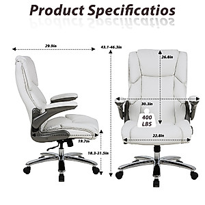 Office Chair, Home Office Desk Chairs with Flip-Up Arms, Big and Tall Office Chair with 400LBS Load-Bearing Capacity, White Office Chair, Executive Office Chair for Heavy People, White, Faux Leather