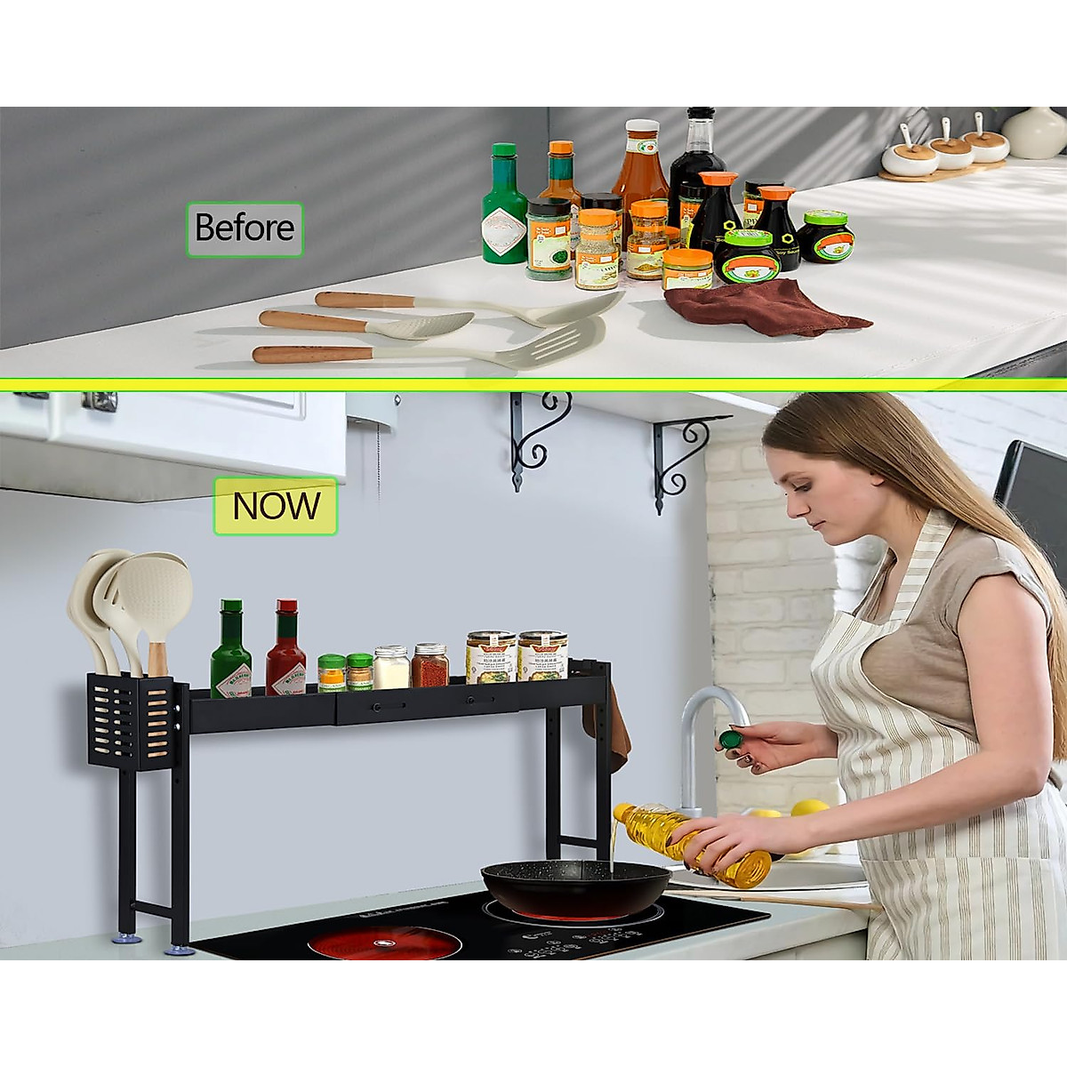 Horynar Over Stove Spice Shelf for Kitchen Spice Rack Organizer with Extra Basket and Hooks Black Spice Rack Shelf Great for Stove Top Shelf