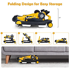 HONEY JOY 4-in-1 Baby Walker, Activity Push Walker w/3 Adjustable Heights, Smooth Wheels w/Adjustable Speed, Padded Seat, Music & Light, Foldable Car Walker for Baby Boys Girls Age 6 Months+ (Yellow)