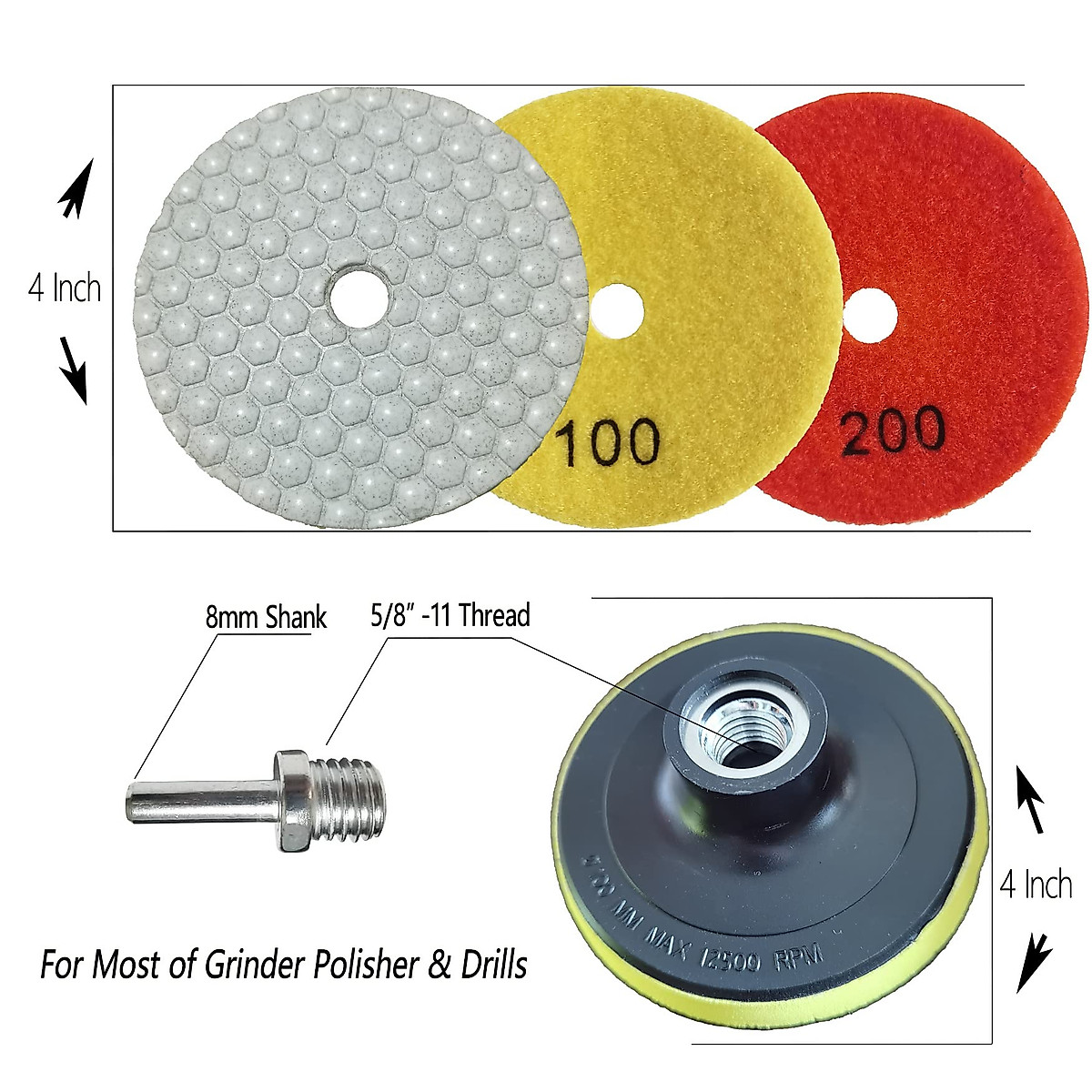 16 Packs Dry Diamond Polishing Pads Set, 4 Inch Dry/Wet Granite Bufffing Pad for Marble Quartz Concrete Stone Tiles - High Temperature Resistance Sanding Kit for Grinder Polisher Drill