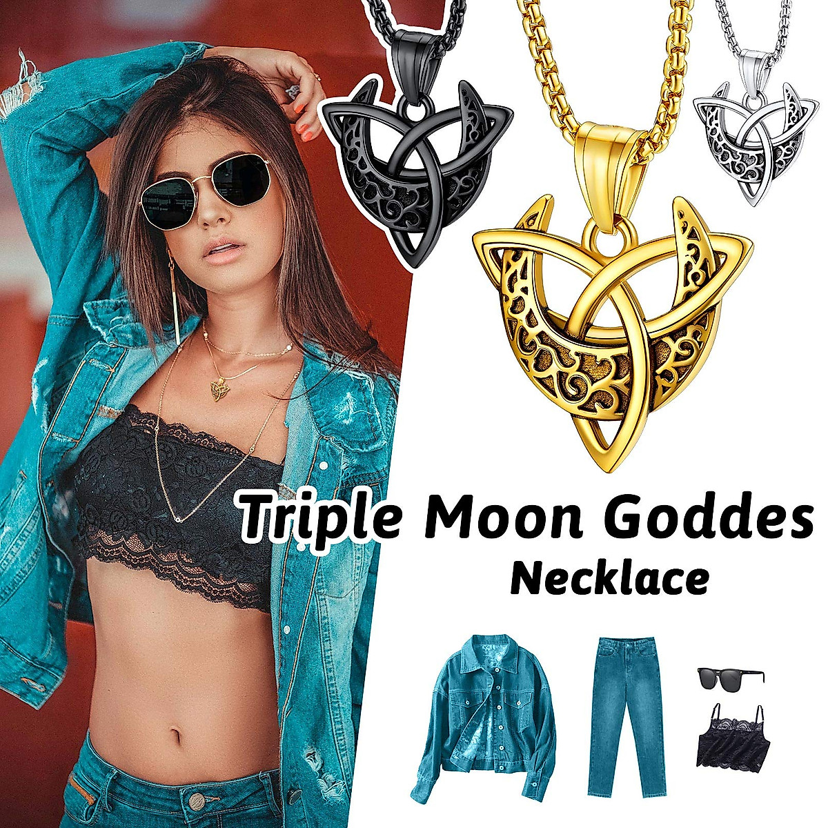 FaithHeart Celtic Triquetra Moon Necklaces, Feminism Goddess Trinity Knot Pendant Necklace Triple Moon Pendant Charms Black Stainless Steel Witch Jewelry Durability Neck Chain
