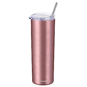 SUNWILL Straw Tumbler Skinny Travel Tumbler with Lid, Vacuum Insulated Double Wall Stainless Steel 20oz for Coffee, Tea, Beverages, Rose Gold