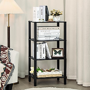 YUFAM 4 Tier Tall Wooden Bookshelf with Storage - Small Bookcase for Small Spaces, Small Shelf for Living Room, Office, Bedroom, Kitchen - Industrial Modern Black Book Shelf