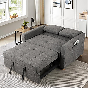 SEJOV Sleeper Sofa Bed, 3-in-1 Convertible Sofa Chair, Linen Fabric Pull Out Couch Bed, Loveseat Sleeper with Spring Support, Adjustable Backrest, 2 Seater Recliner Chair for Small Space, Dark Grey