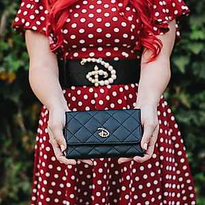 Disney Wallet, Foldover, Disney Signature D Logo Faux Pearl Gold, Black Vegan Leather