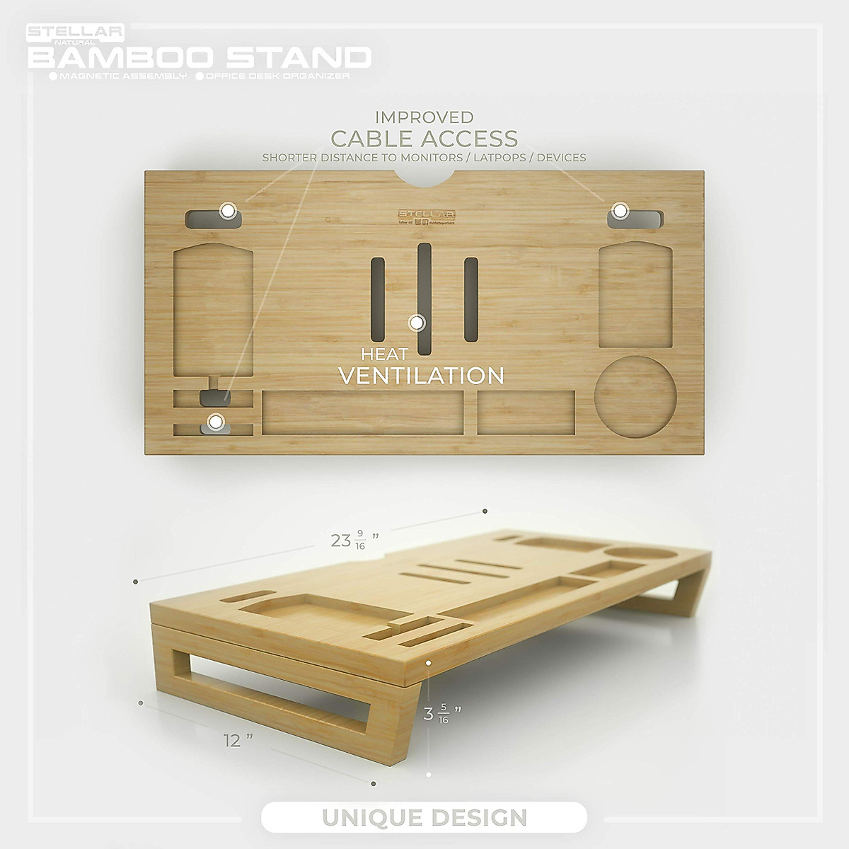Bamboo Monitor / Laptop Stand by Stellar Importers | Desk Organizer | Riser | Cable and Airflow Management | Elevate Your Perspective