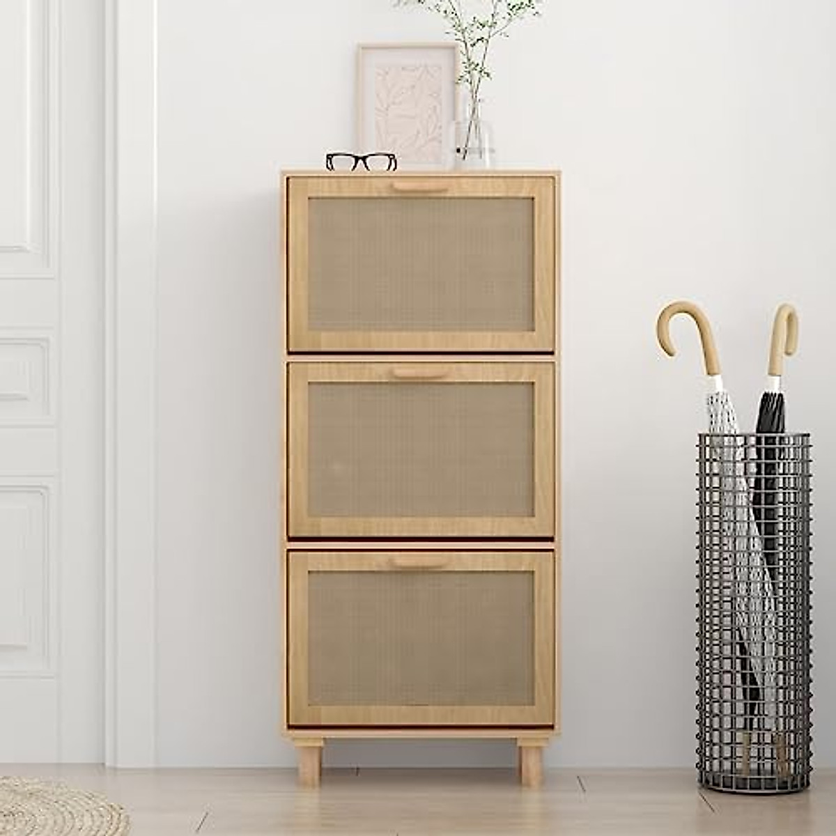 VRAXO Shoe Cabinet Brown 20.5"x9.8"x45.3" Engineered Wood&Natural Rattan,Shoe Racks & Organizers-46.2lbs