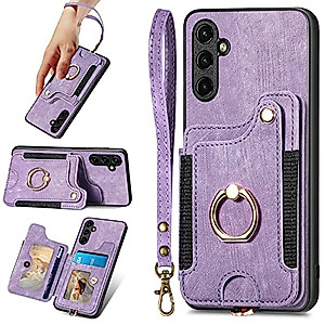 A14 5G Case,Card Holder Wallet for Galaxy A14 5G Phone Case,Ring Holder Stand,RFID-Blocking,Wrist Strap,Camera Protector,Leather Protective Magnetic Flip Cover for Samsung A14 5G Case (Purple)