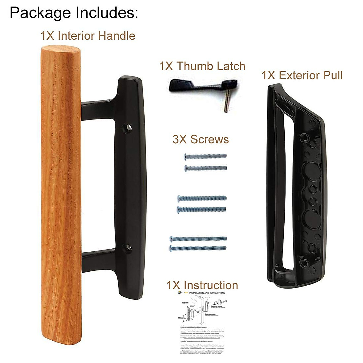 Mortise Style Reversible Sliding Patio Door Handle Set with Oak Wood Interior Handle and Exterior Pull in White Diecast Finish Fits 3-15/16” Screw Hole Spacing, Non-keyed with Latch Locks (Black)