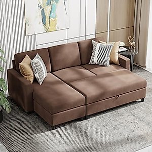 JAMFLY 79'' Sectional Sofa Couch with Storage Ottoman, Living Room Furniture Set Small Deep Convertible Sofa, L-Shaped Couch Wide Reversible Chaise with Linen Fabric (Brown)