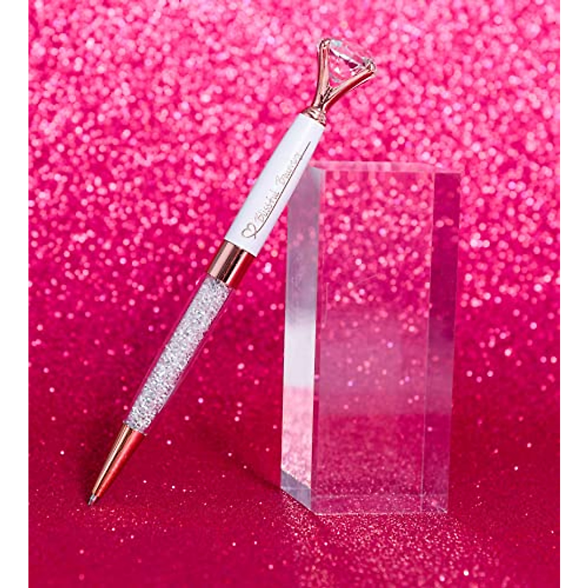 Blissful Bounty Diamond Metal Ballpoint White Pen in Rose Gold with Black Ink | 4 Ink Refills | 6.1 Inches Long