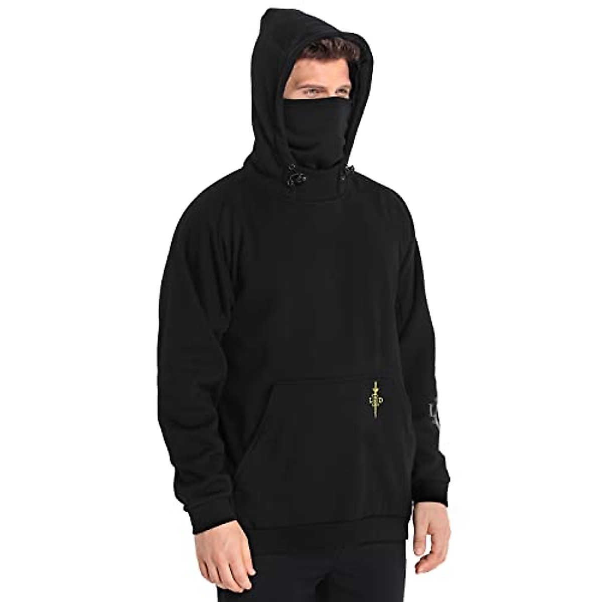 LRD Fleece Hoodie with Mask for Men Built in Gaiter Tactical Fishing Sweatshirt Black - L