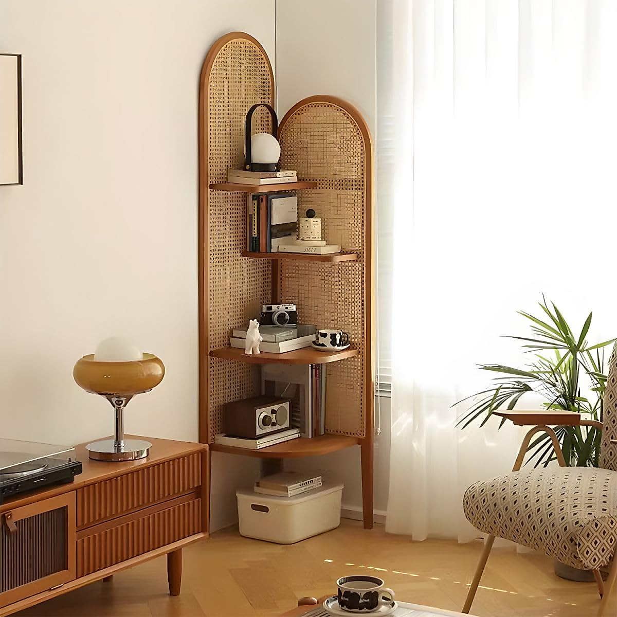 CraftThink 4-Tier Corner Shelf, Tall Corner Accent Chest Display Storage Rack with Counter Top and Multiple Shelves for Living Room Bedroom Home Office, Cherry