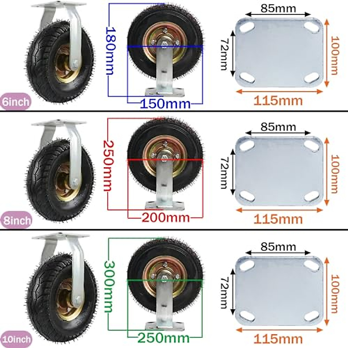 Solid Rubber Wheel Industrial Heavy Duty, Caster Mute Castors, Moving Silent, Steel Hub, Air Filled, for Trolley, Carts, Furniture, Workben Replacement Foot Wheel