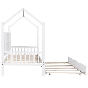 Harper & Bright Designs Twin Size House Bed with Trundle, Wood Twin House Bed Frame with Shelf Compartment, Twin House Bed for Kids with Roof for Girls, Boys,No Box Spring Needed, White