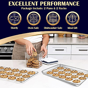 4Pcs Baking Sheet Pan with Rack Set, Joyfair Stainless Steel Oven Rectangular Pans Tray & Cooling Racks for Cookie/Jelly Roll/Bacon, Commercial Metal & Rust-free, Dishwasher Safe (16 Inch)