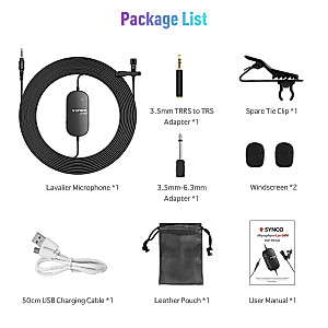 SYNCO Lav-S6M Lavalier Microphone, 3.5mm Audio-Monitor Port Clip-on Condenser Mic Support USB Charging, 6M/19.7 FT Cable Noise Reduction for YouTube, Interview, Conference, Live Broadcast
