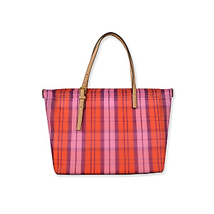 Tory Burch Womens 146732 Emerson Gold-Tone Hardware Mesh Woven E/W Market Tote Bag, (650 Pink/Red Plaid)