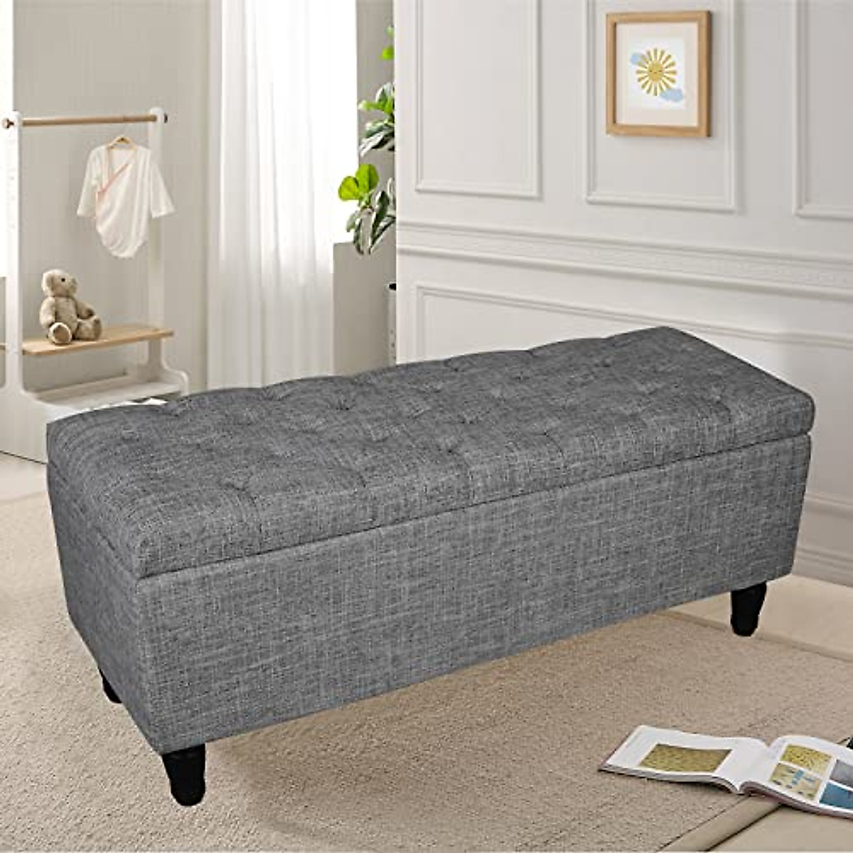 Storage Ottoman Bench, End of Bed Bench for Bedroom, Button Tufted Bench with Storage for Entryway, Living Room, Hallway, Large Storage Bench Foot Rest (Dark Grey)