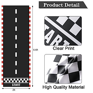 Racing Car Party Decorations Supplies 6.6 x 2 Ft Long Racetrack Floor Running Mat, 6.6 Feet Checkered Racing Pennant Banner, 10 Pcs Checked Race Flags with Stick for Birthday Race Car Party Decors