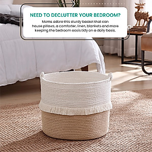 Organizix Round Woven Boho Cotton Rope Storage Tassels Basket, Laundry Basket Hamper, Decorative Fringe with Knot Handles, Toys and Blanket Basket for Nursery, White/Brown, 13 x 16