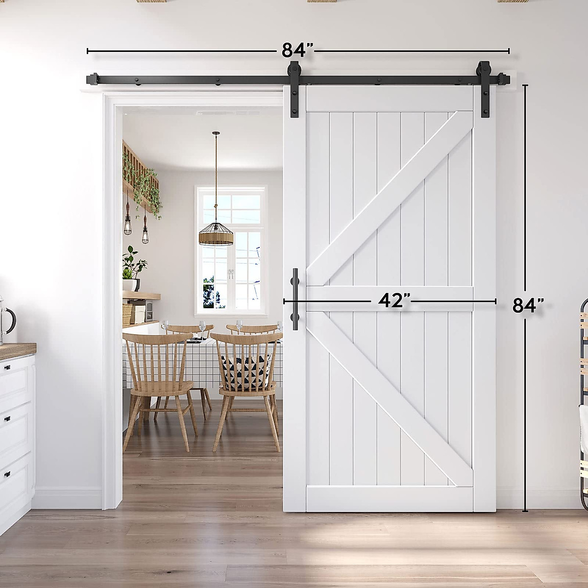 EaseLife 42in x 84in Sliding Barn Door with 7FT Barn Door Hardware Track Kit Included,Solid LVL Wood Slab Covered with Water-Proof & Scratch-Resistant PVC Surface,DIY Assembly,Easy Install,White