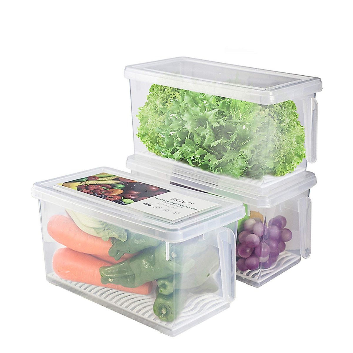 Produce Saver Containers for Refrigerator - 4.5L x 3 SILIVO FreshWorks Stackable Fruit Storage Containers for Fridge, Vegetable Storage Containers with Drain Tray Keep Fresh for Veggie, Fruit, Lettuce and Salad
