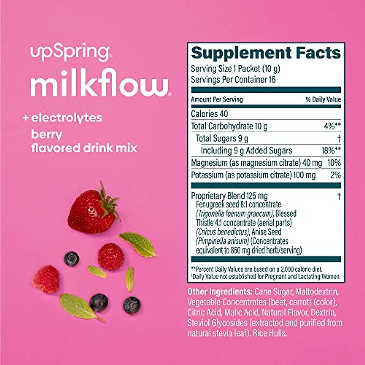 UpSpring Milkflow Electrolyte Breastfeeding Supplement Drink Mix with Fenugreek | Berry Flavor | Lactation Supplement to Support Breast Milk Supply & Restore Electrolytes* | 16 Drink Mixes