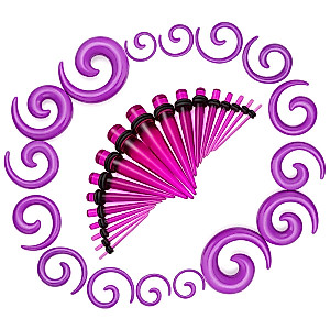 JDXN 64PCS Acrylic Gauge Kit Tapers + Heart Tunnels + Plug With O Ring + Spiral Tapers 14G-00G Stretching Set (Purple)