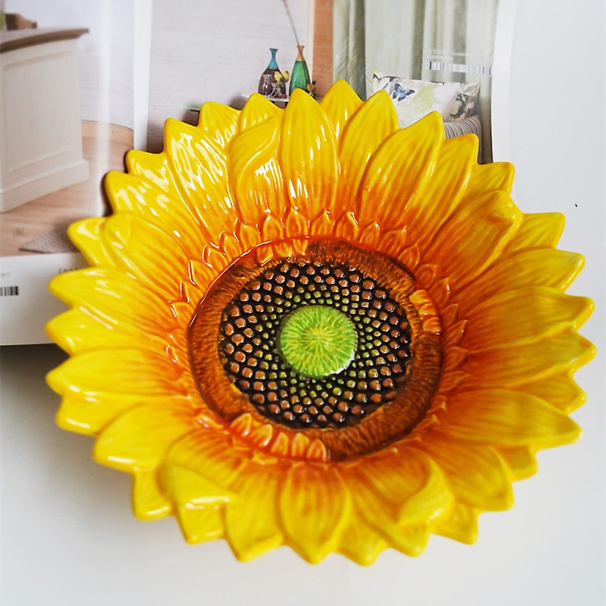 FORLONG Ceramic Medium Fruit Bowl Dessert Cake Candy Snack Plate, Hand Painted Sunflower-shaped Decorative Bowl, Art Tabletop Home Décor -10.8inches