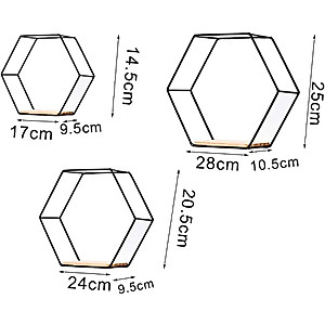 U-M Hexagon Floating Wood Book Shelves, Iron Storage Holder Wall-Mounted Multifunctional Nordic Style Geometric Firm Hexagonal Shelf for Home Bedroom Bathroom Black S1 Nice Design