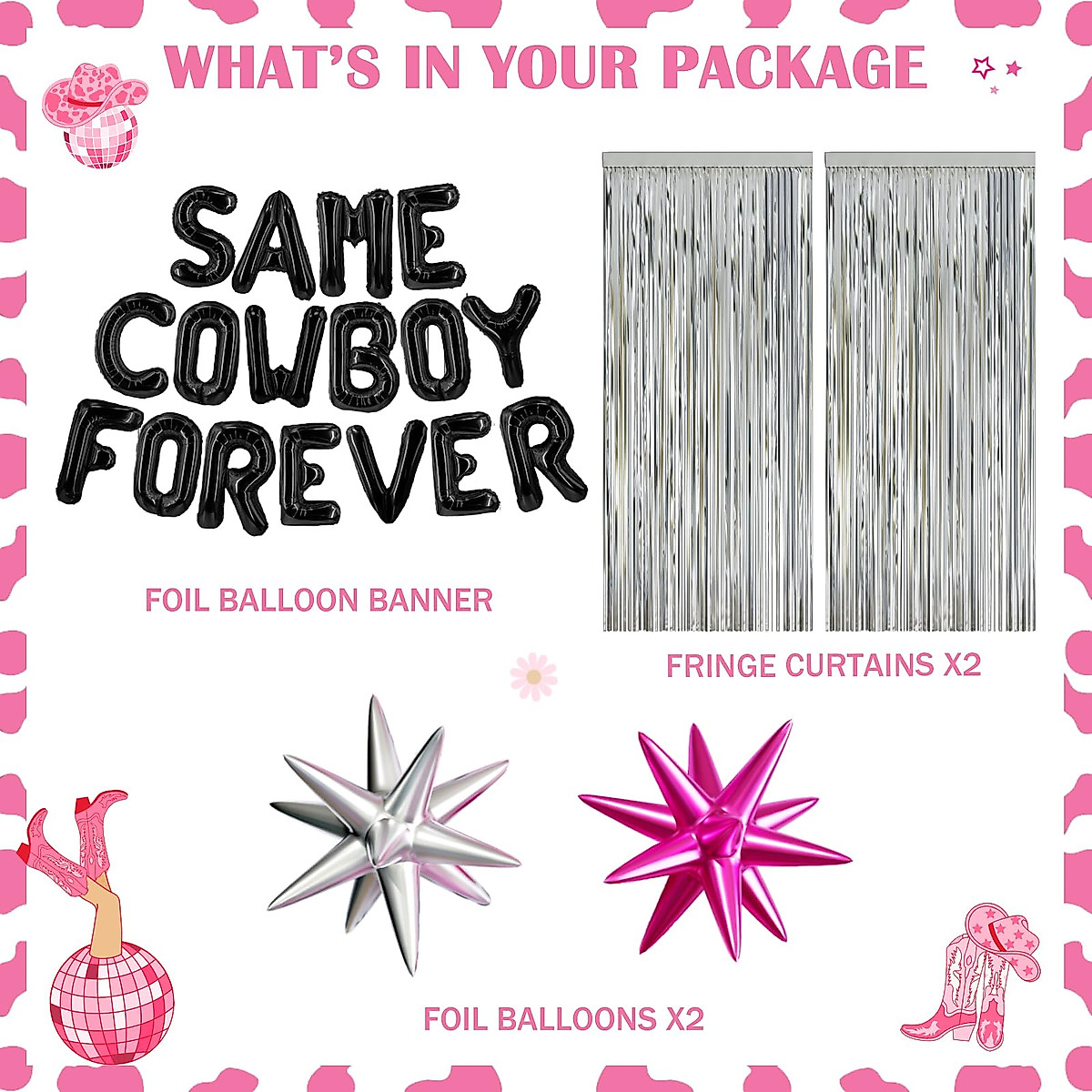 Party Inspo Same Cowboy Forever Bachelorette Decorations, Western Disco Cowgirl Bachelorette Party Decorations, Nashville Bridal Shower Decorations Fringe Curtain Balloon Pink Silver Black