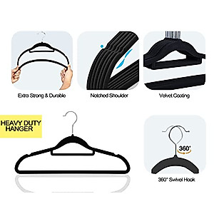 GVTECH Premium Velvet Hangers, [50 Pack] Non Slip and Heavy Duty Velvet Suit Hangers (45cm) with Tie Bar, 360° Swivel Hooks, Sturdy to Hold Jumper, Pullovers, Jackets & Hoodies (50 Pack, Black)