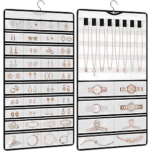 Elegant Hanging Jewelry Organizer for Closet, Double-Sided Dustproof Closet Jewelry Organizer for Earrings Necklaces Rings, Metal Hooks Wall Hanging Jewelry Organizer for in Hanging Closet, Wall, Door