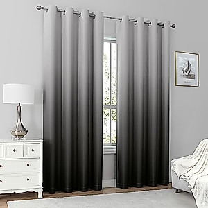 HOMEIDEAS 100% Black Ombre Blackout Curtains for Bedroom, Room Darkening Curtains 52 X 84 Inches Long Grommet Gradient Drapes, Light Blocking Thermal Insulated Curtains for Living Room, 2 Panels