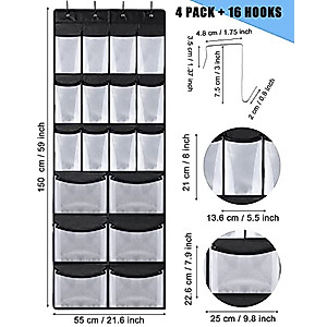 4 Pack Hanging Shoe Organizer over The Door Organizer Shoe Rack Door Hanging Storage, 18 Mesh Pockets with 16 Hooks for Entryway Dorm Bedroom Pantry Wall Closet, Black, White