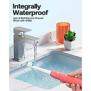 Bitvae Ultrasonic Electric Toothbrush with 8 Brush Heads for Adults and Kids, Rechargeable Travel Toothbrush with a Holder, 5 Modes, Smart Timer, Living Coral D2