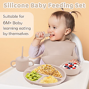 Bufims Silicone Baby Feeding Set, Baby Led Weaning Supplies, Eating Essentials Utensils with Suction Plate and Bowl, Pocket Bib, Sippy Cup with Lid, Forks Spoons Snack Container, for 6+ Months, Beige