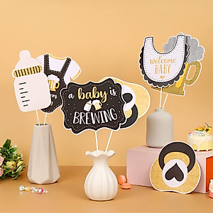 JOYMEMO 24 Pieces A Baby is Brewing Centerpiece Sticks Black Gold - Bottle and Beer Baby Shower Decorations, A Baby is Brewing Baby Shower Supplies for Pregnancy Diaper Huggies and Chuggies Party