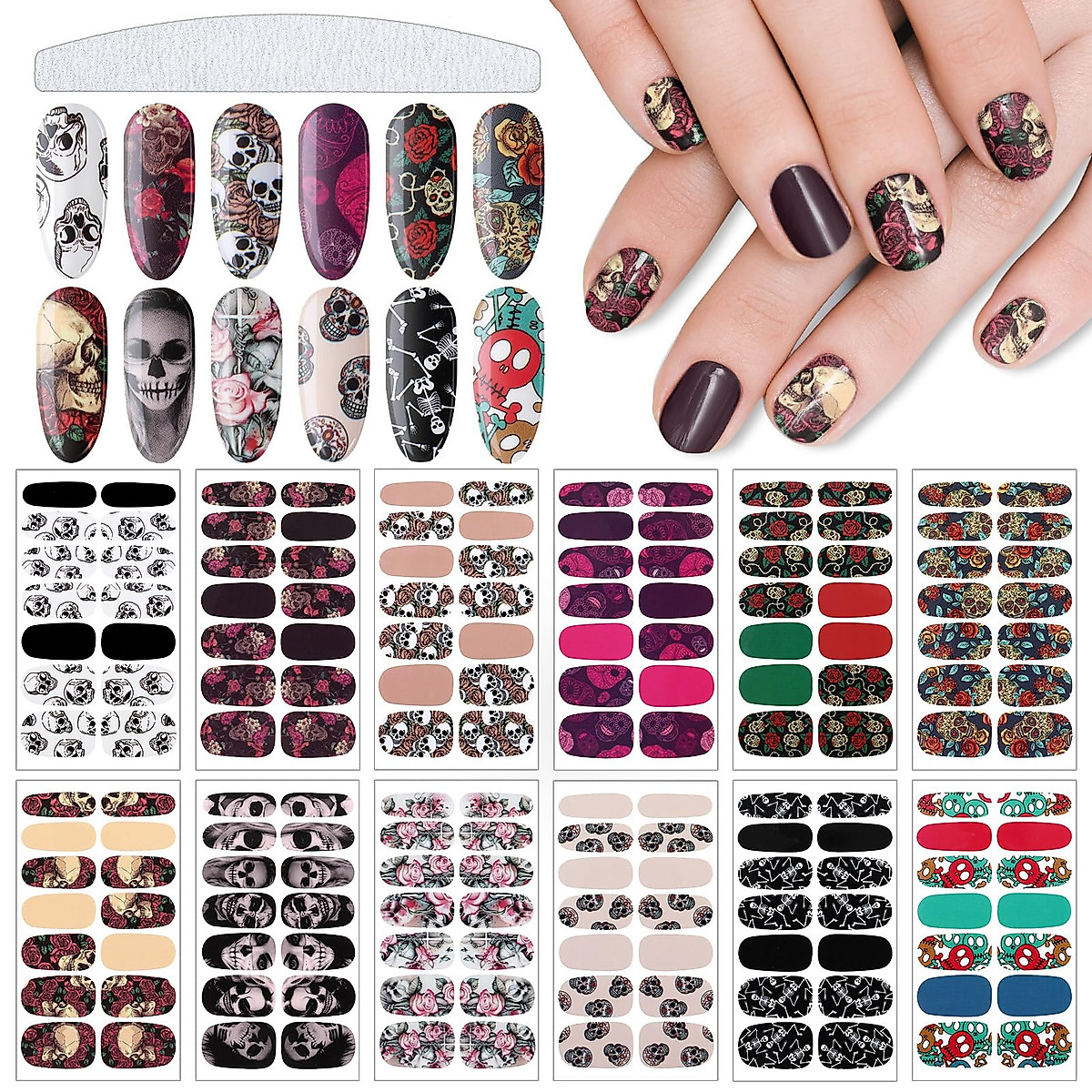 Maitys 168 Pieces Halloween Skull Full Wrap Nail Stickers DIY Gothic Nail Polish Strips Stickers Self Adhesive Full Wraps with Nail File for Halloween Party Decor(Skeleton Style)